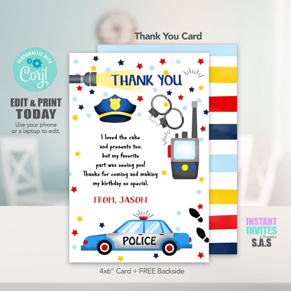 Police Birthday Thank You Card Police Cards Police Thank You - Etsy