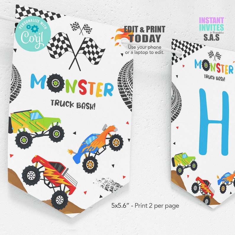 Monster Truck Happy Birthday Banner: Editable Party Garland (digital ...