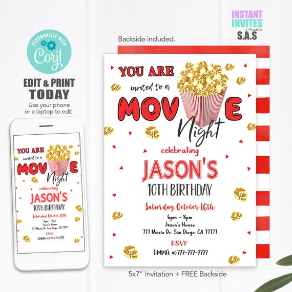 Movie Party Invitation Movie Party Invites Instant Download | Etsy