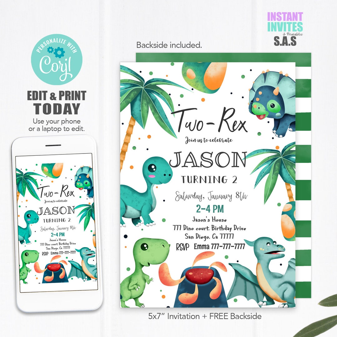 Dinosaur Invitation, TWO REX Invitation, Dinosaur Invites, Instant ...