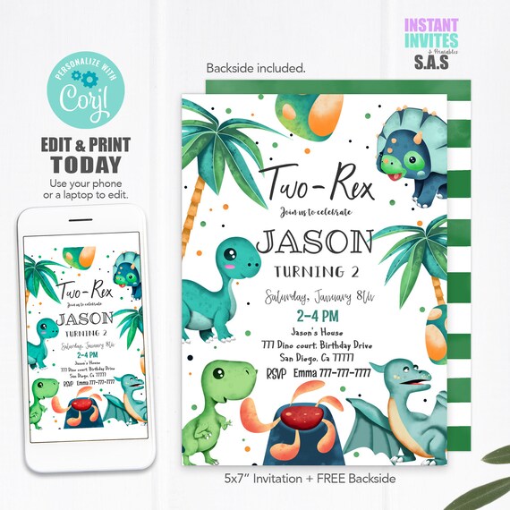 Dinosaur Invitation TWO REX Invitation Dinosaur Invites - Etsy