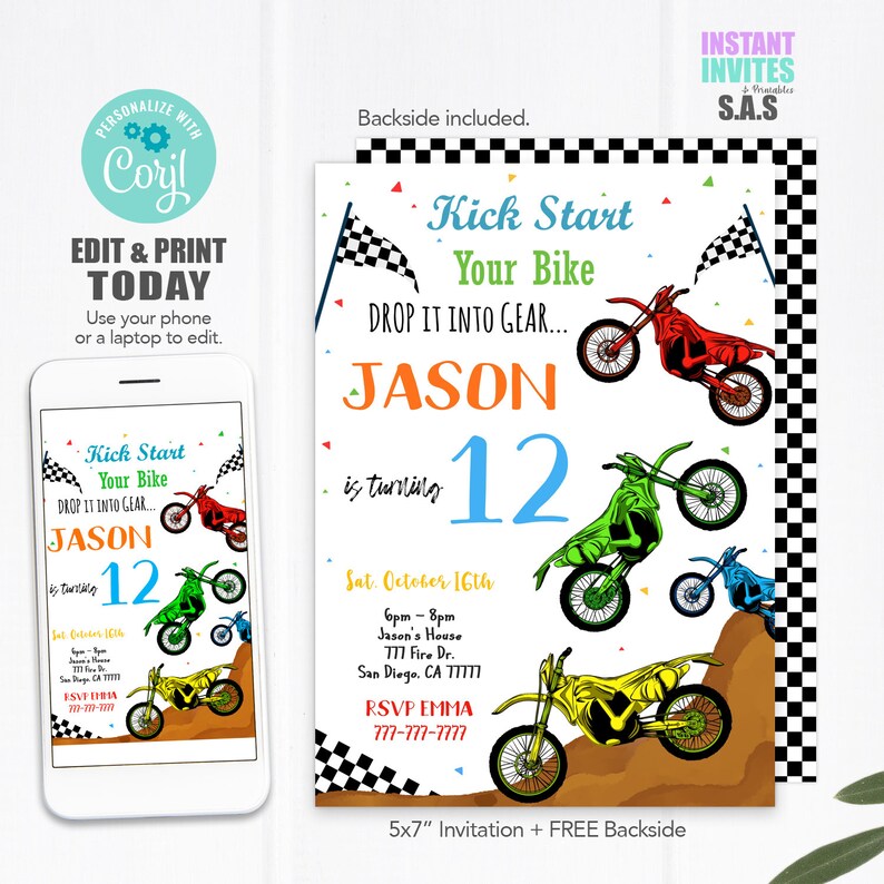 Bike Party Invitation Dirt Bike Invites Instant Download - Etsy