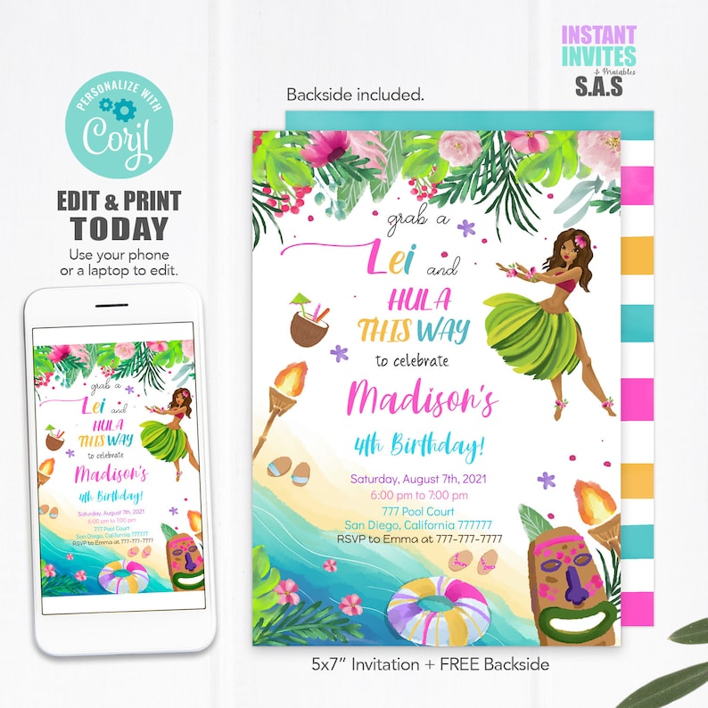 Hawaiian Invitation Hawaiian Luau Invite Instant Download | Etsy
