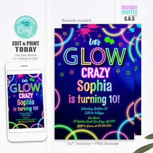 Editable Glow Party Birthday Invitation, Glow Invites , Lets Glow Party ...