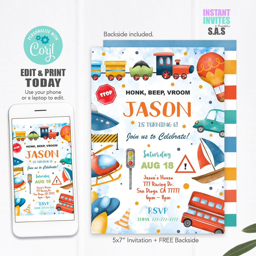Transport Invitation, Transportation Birthday Invites, Instant Download ...