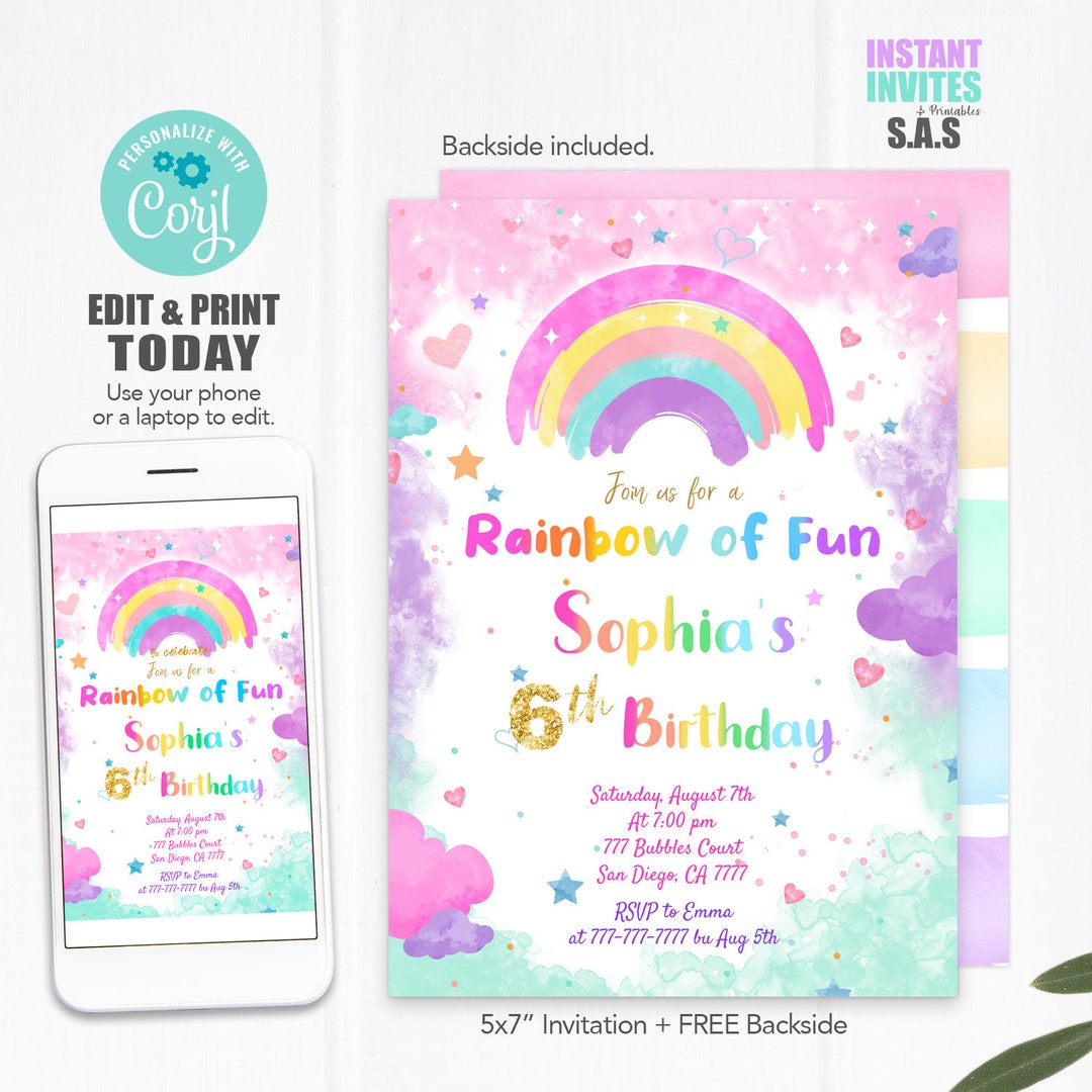 Rainbow Invitation, Rainbow Invites, Instant Download Rainbow ...