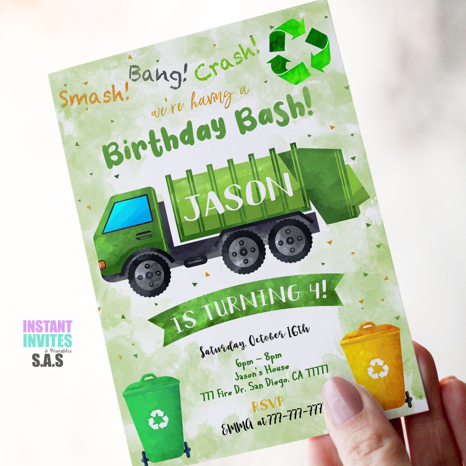 Garbage Truck Birthday Invitation: Recycling Party (instant Download ...