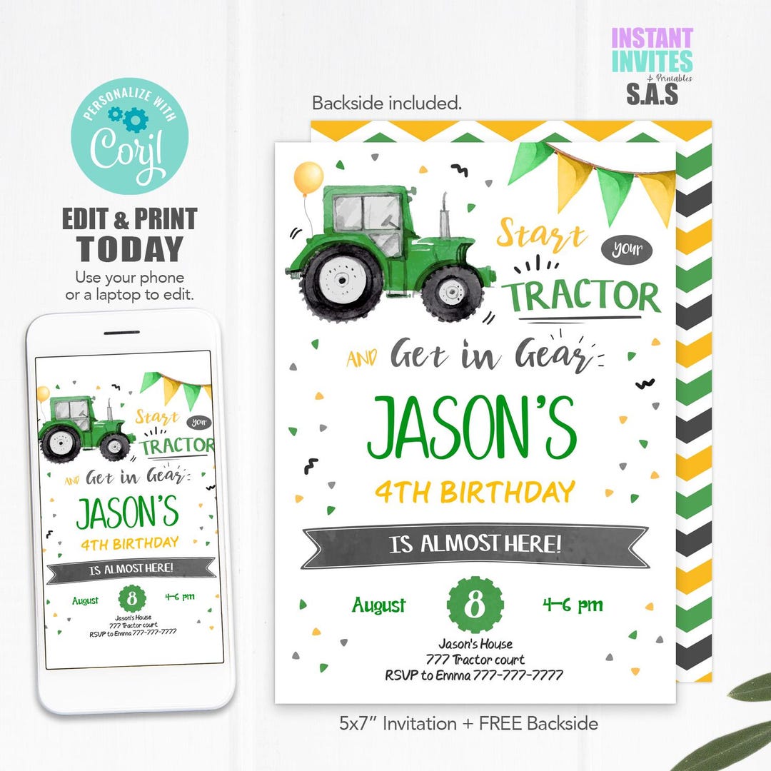 Green Tractor Invitation, Tractor Birthday Invites, Instant Download ...