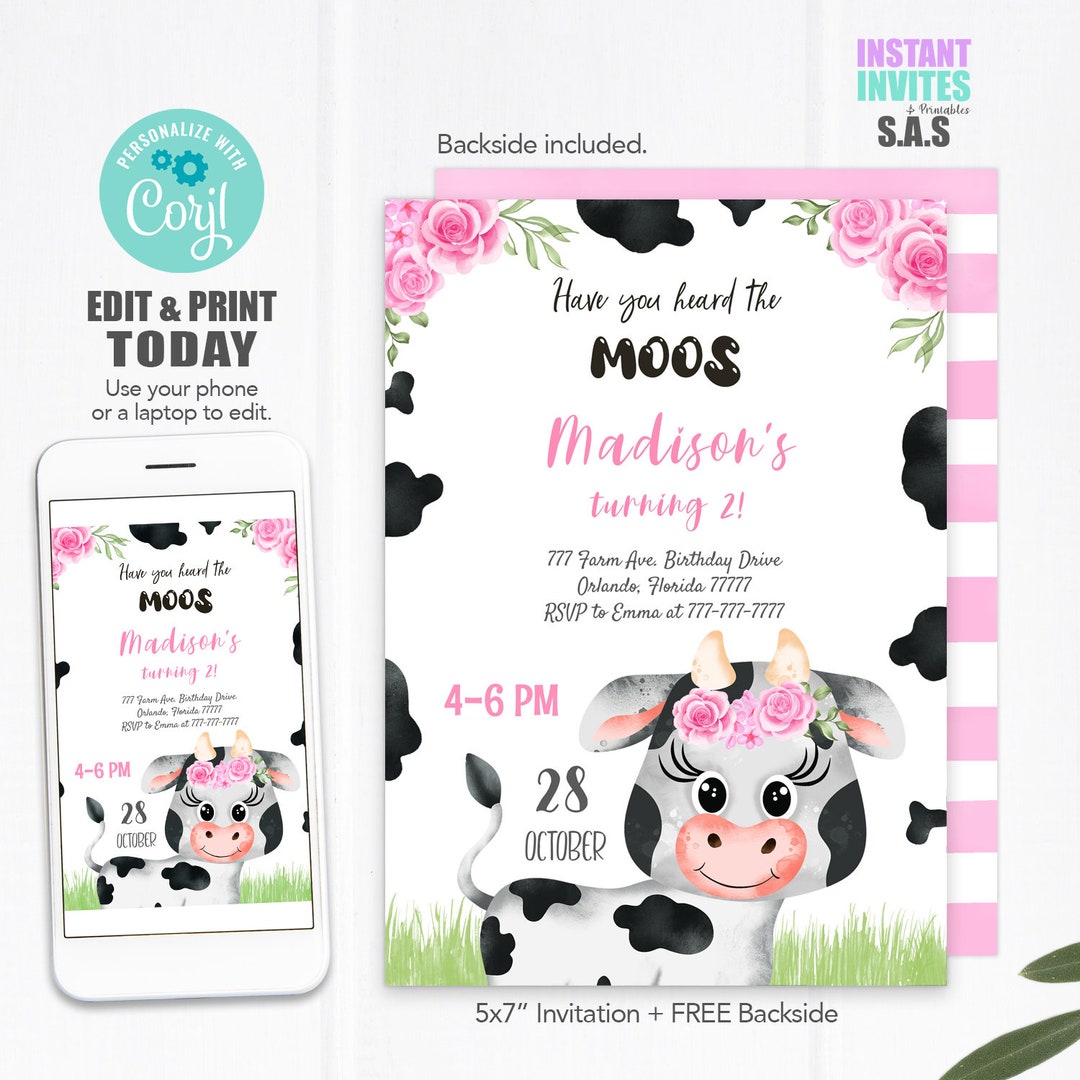 Cow Invitation, Cow Invites, Instant Download Cow Invitations, Cow703 ...