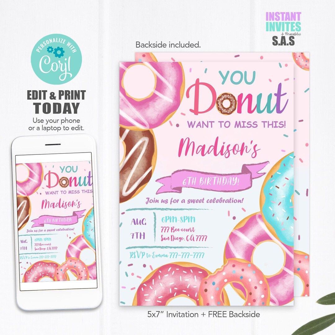 Donuts Birthday Invitation, Donuts Invites, Donut Party Invitation ...