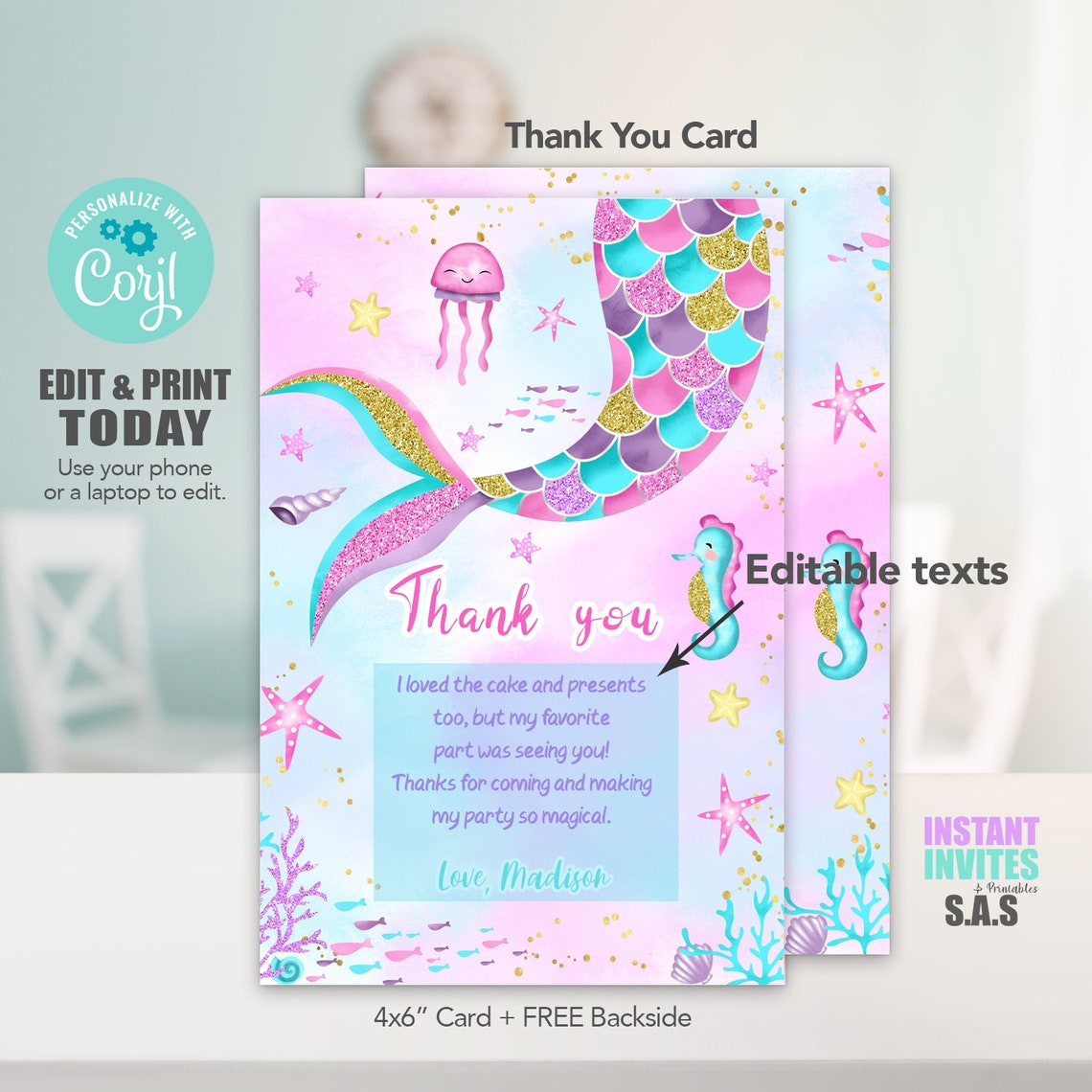 Mermaid Thank You Card Mermaid Cards Mermaid Thank You - Etsy