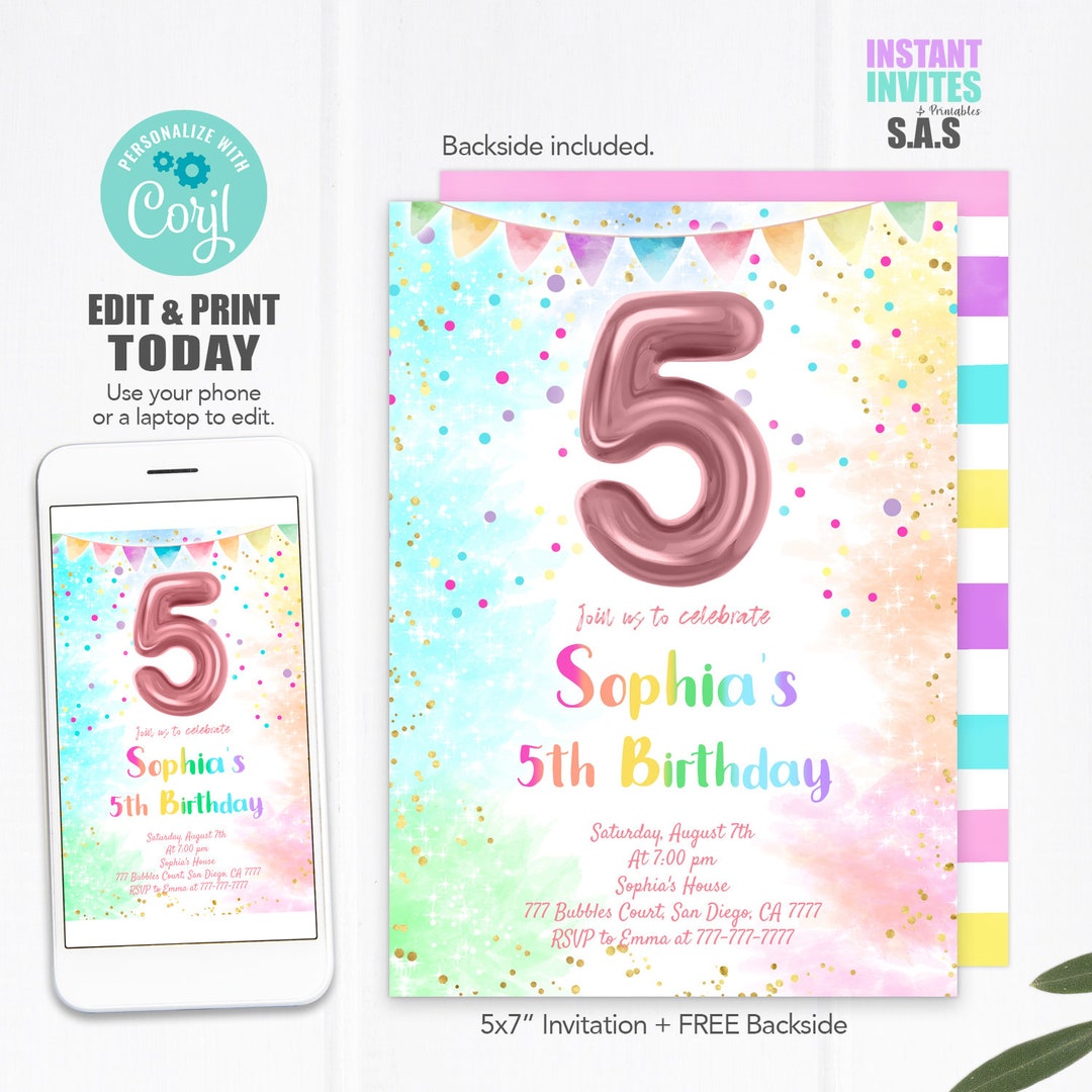 5th Birthday Invitation, Balloons Birthday Invite, Instant Download 5th ...