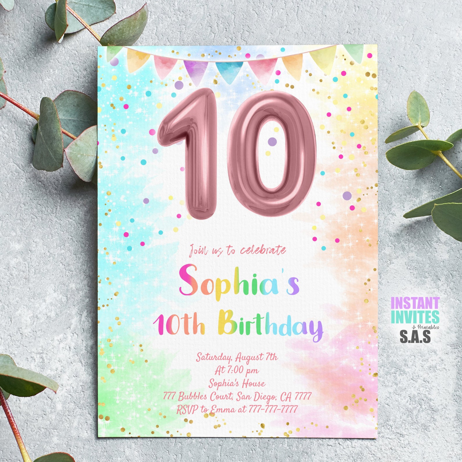 10th Birthday Invitation Balloons Birthday Invite Instant - Etsy