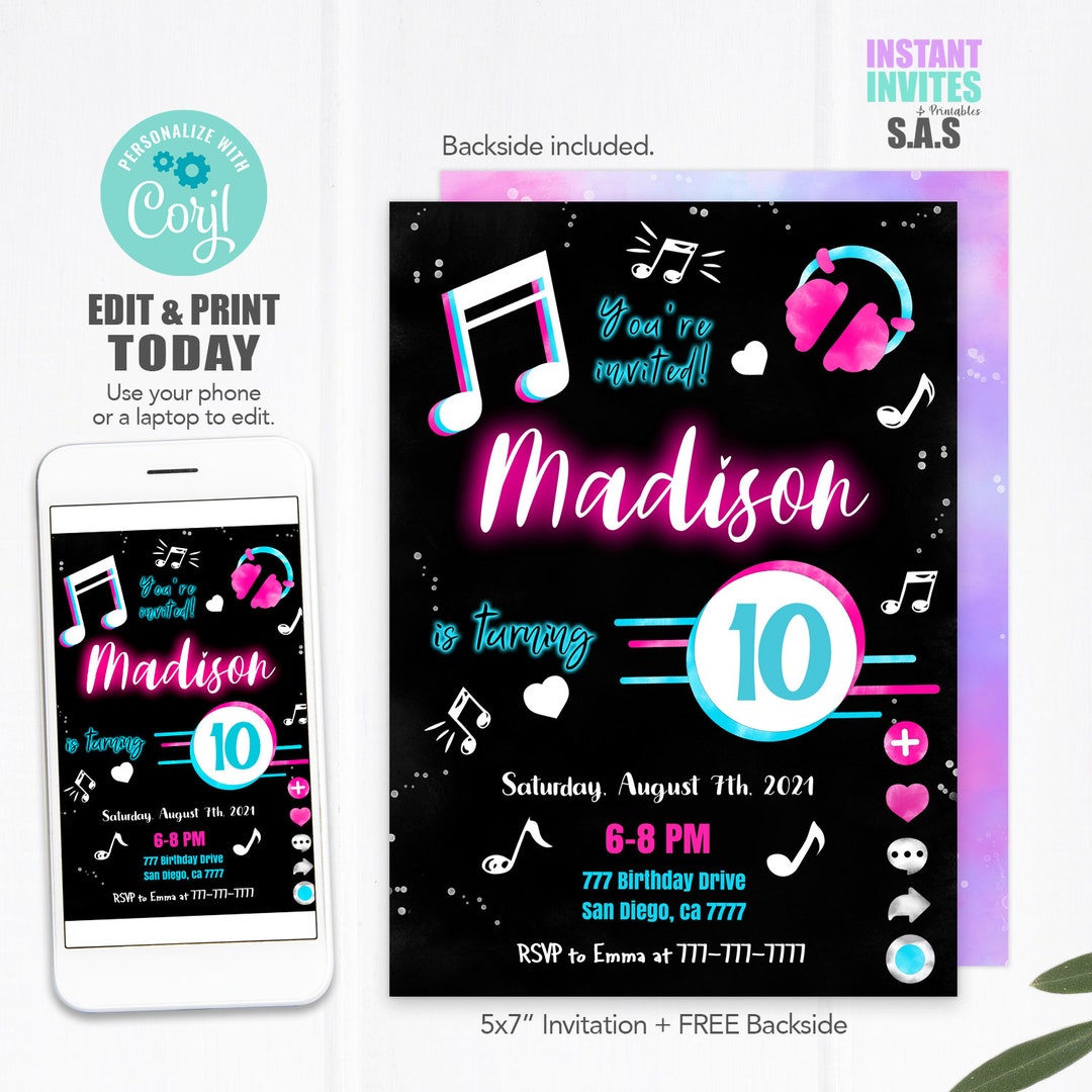 Editable Music Birthday Invitation: Black Music Party Invite (instant ...