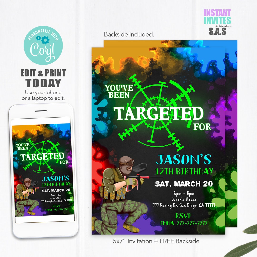 Paintball Invitation, Paintball Invites, Instant Download Paintball ...