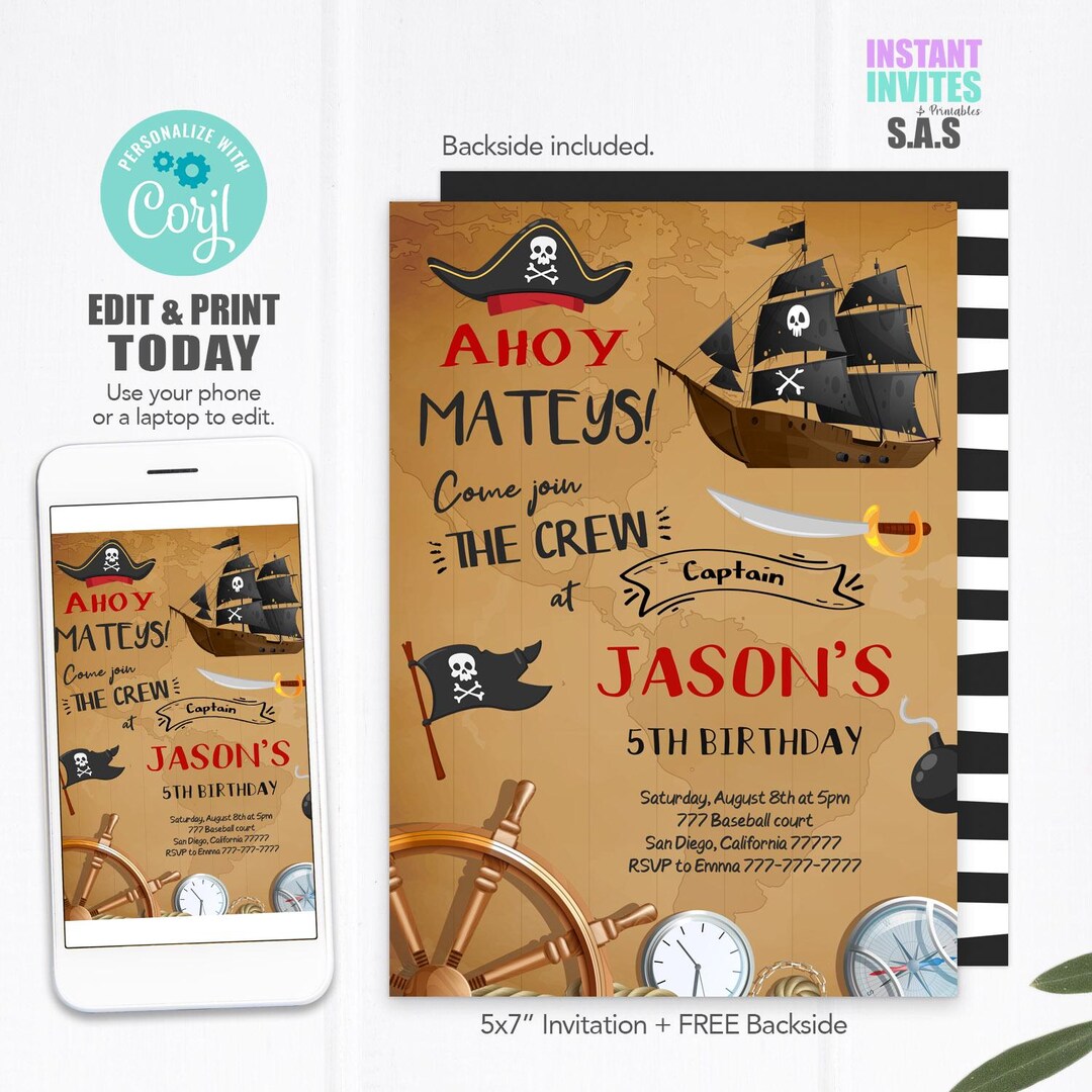 Pirate Birthday Invitation: Ahoy Mateys Party Invite (instant Download ...
