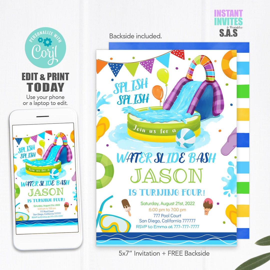 Water Slide Invitation, Waterslide Invites, Instant Download Water ...