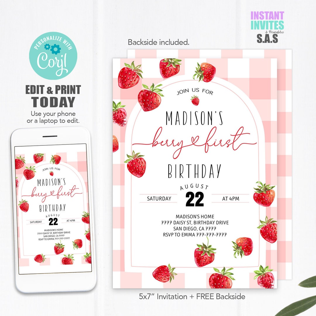 Berry First Birthday Invitation, Strawberry Invitation, Instant ...