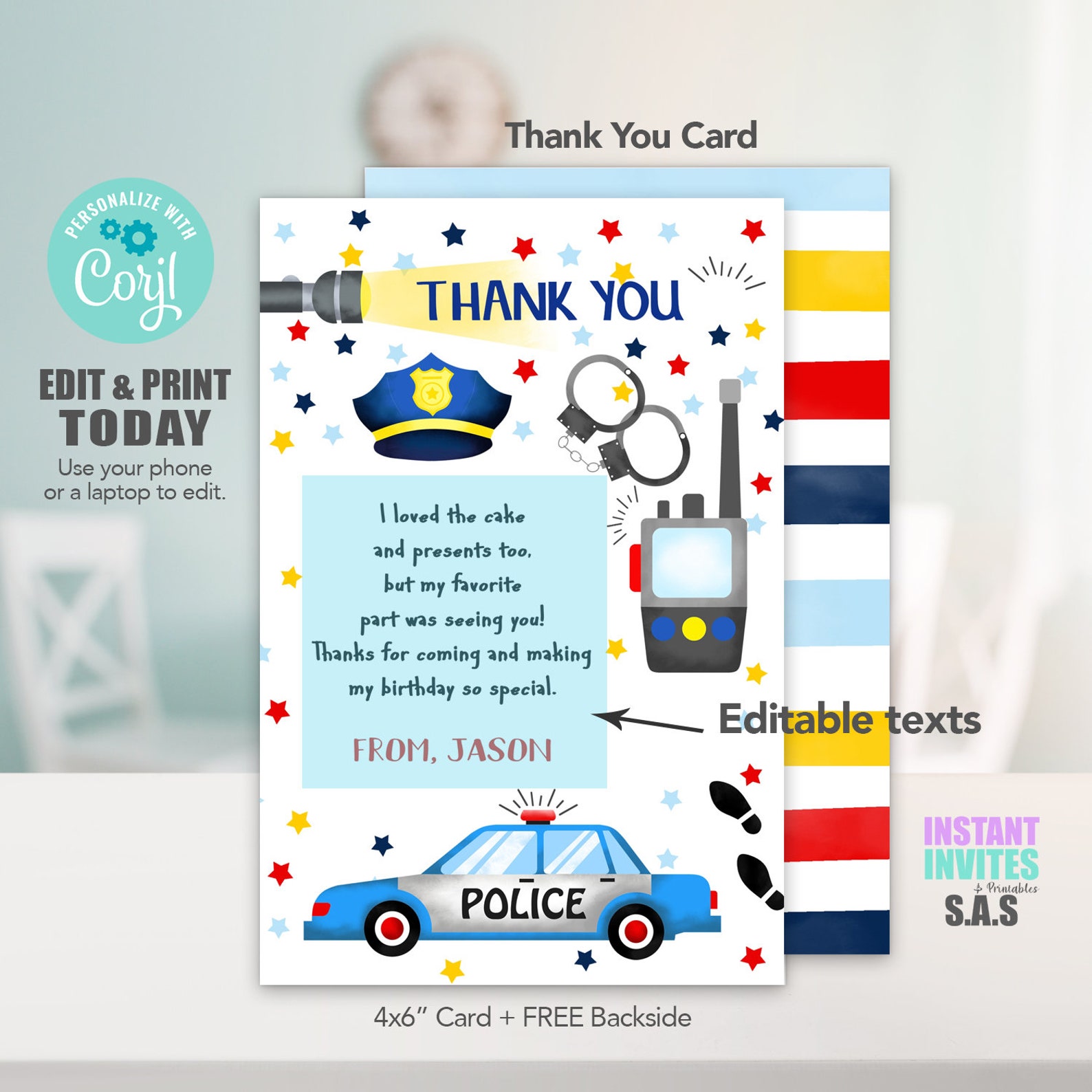 Police Birthday Thank You Card Police Cards Police Thank You - Etsy