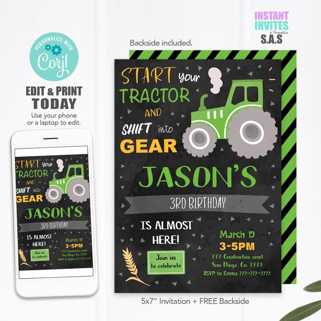 Tractor Birthday Invitation, Tractor Birthday Invites, Instant Download ...