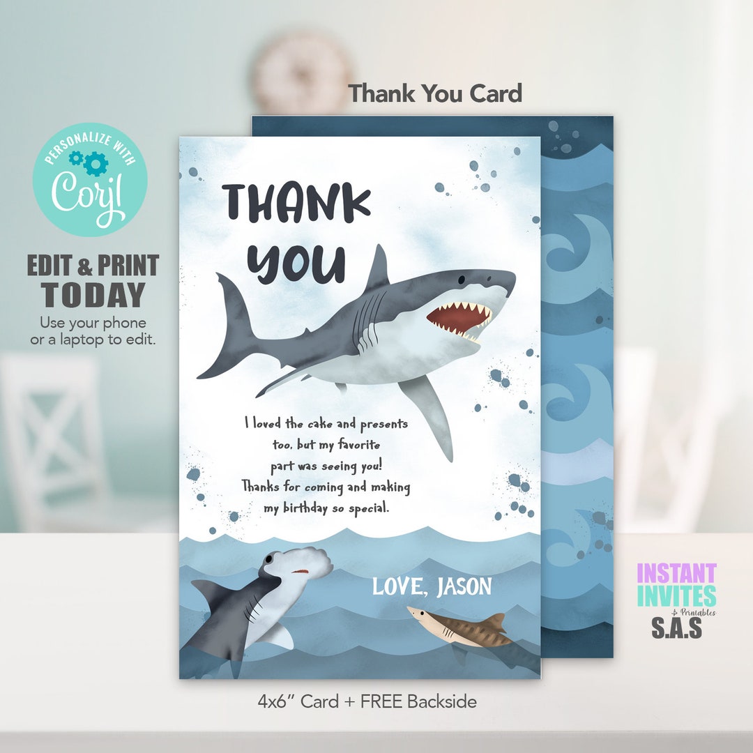 Shark Thank You Card, Shark Cards, Shark Thank You Cards, Shark702 - Etsy