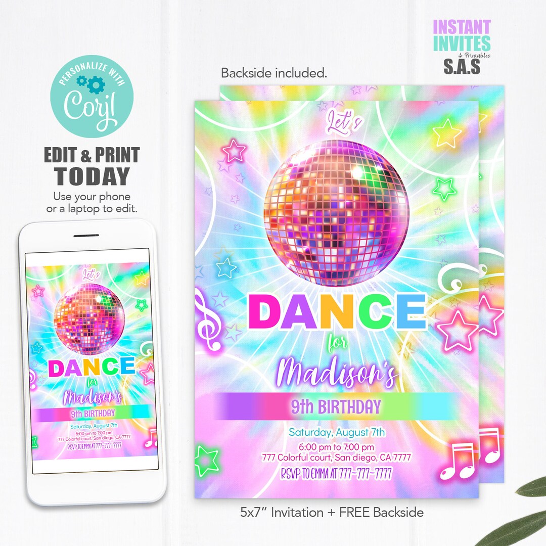 Dance Invitation, Dance Disco Party Invites, Instant Download Dance ...