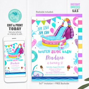 Water Slide Invitation, Waterslide Invites, Instant Download Water ...