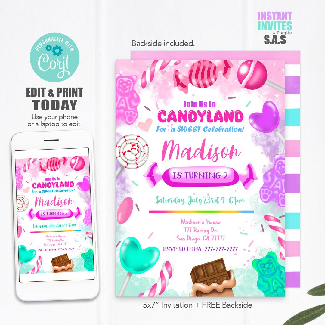 Candy Land Birthday Invitation: Editable Watercolor Candy Invites ...
