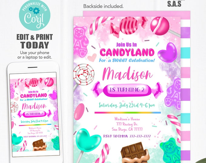 Candy Land Birthday Invitation: Editable Watercolor Candy Invites ...