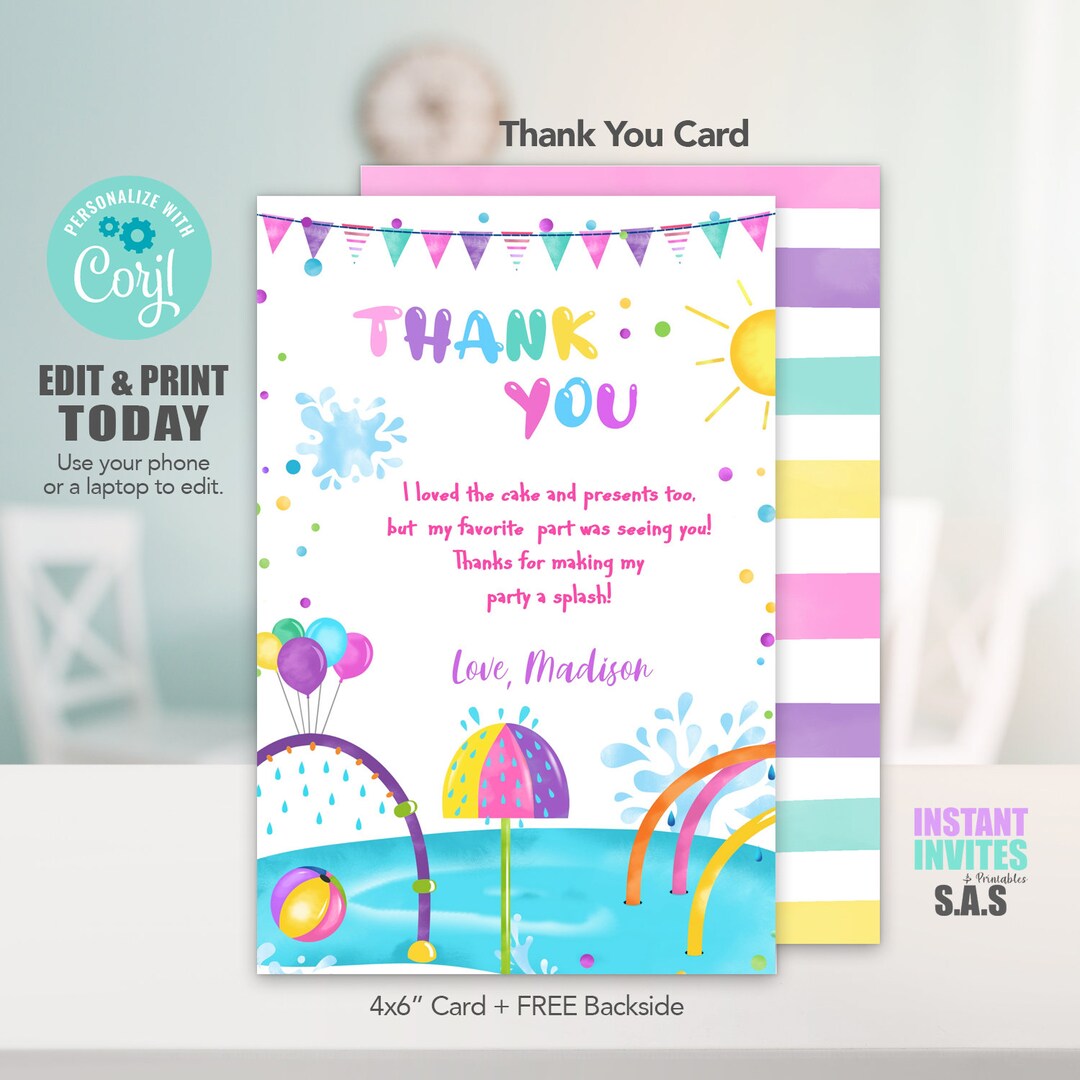 Splash Pad Thank You Card, Splash Pad Party Cards, Pool Thank You Cards ...