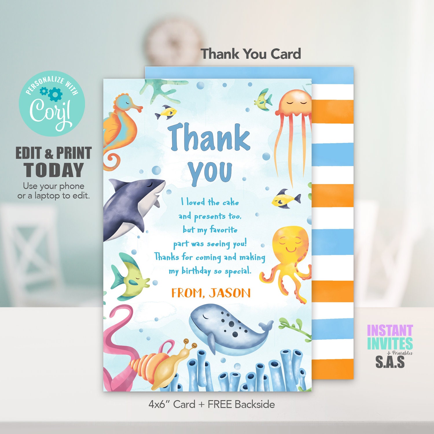 Under the Sea Birthday Thank You Card Under the Sea Cards - Etsy