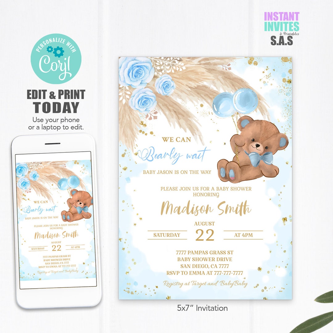 Boho Teddy Bear Invitation, Boho Teddy Bear Invite, Instant Download ...