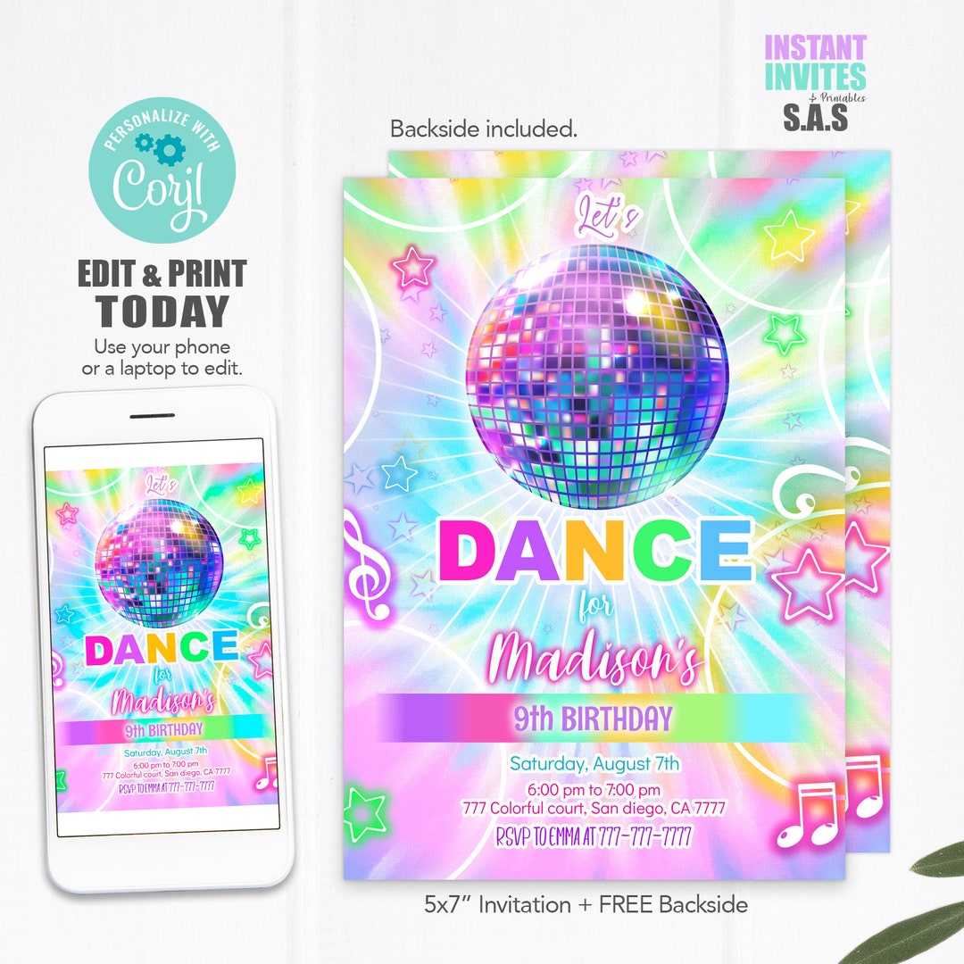 Dance Invitation, Dance Disco Party Invites, Instant Download Dance ...