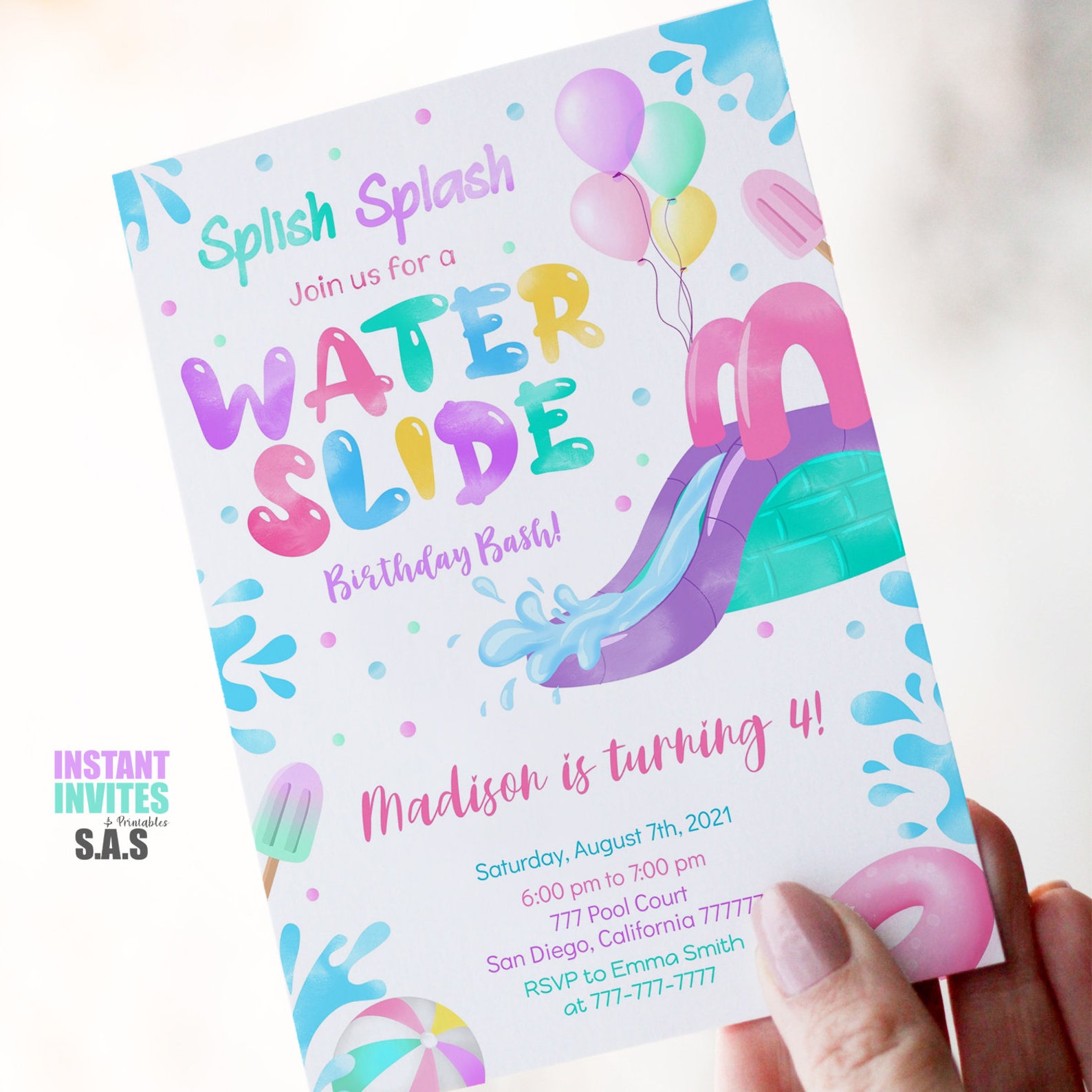 Water Slide Invitation, Water Slide Invites, Instant Download Water ...