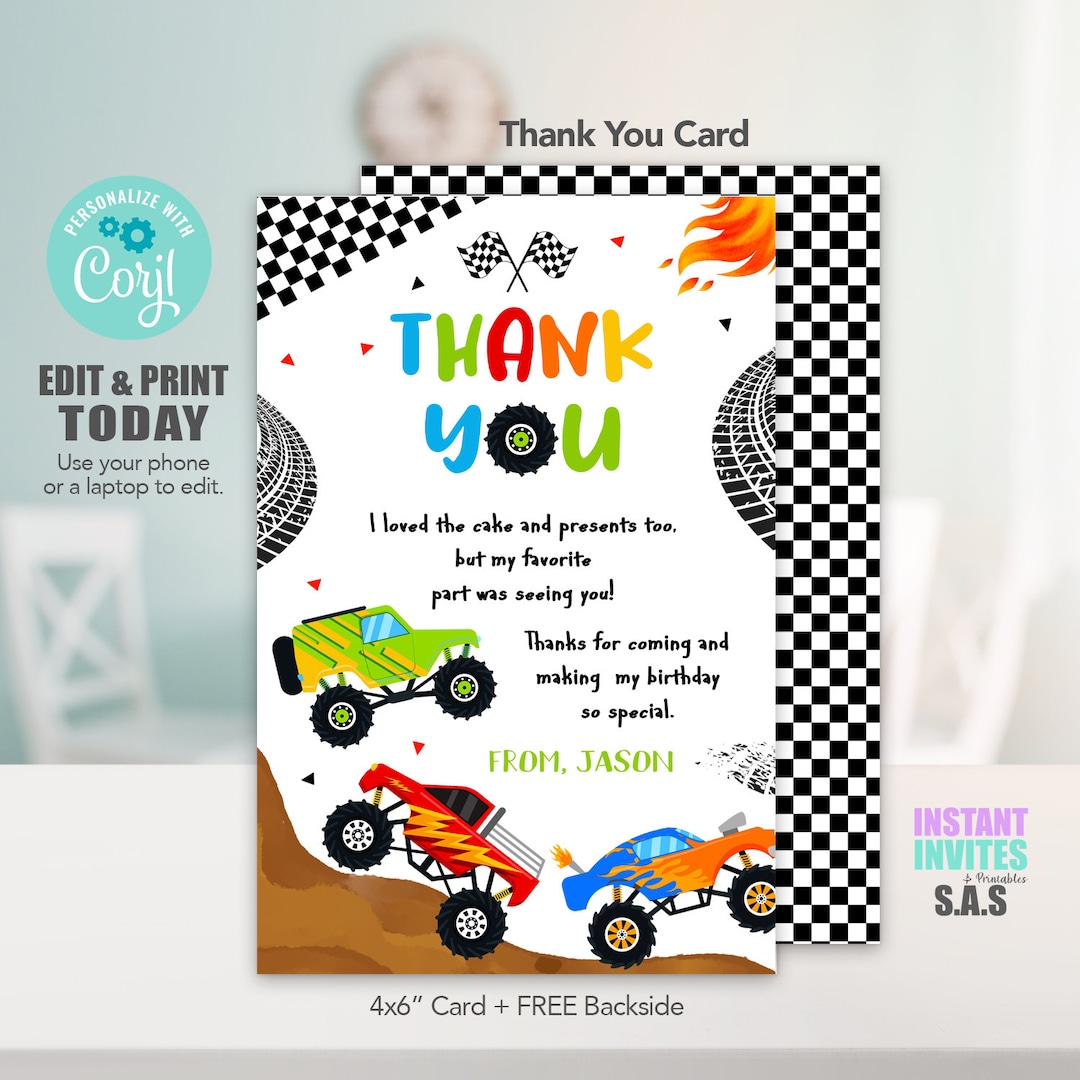 Monster Truck Thank You Card, Monster Truck Cards, Monster Truck Thank ...