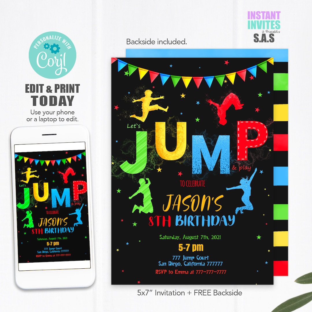 Jump Invitation, Trampoline Invites, Instant Download Jump Invitations ...
