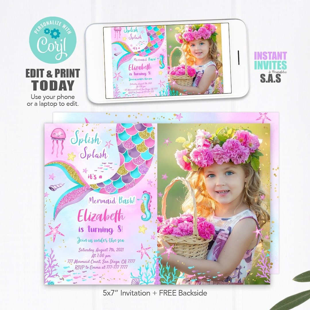 Editable Mermaid Invitation, Mermaid Picture Invites, Instant Download ...