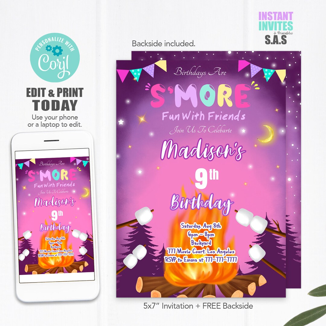 Smore Invitation, Smore Invites, Instant Download Smore Birthday ...