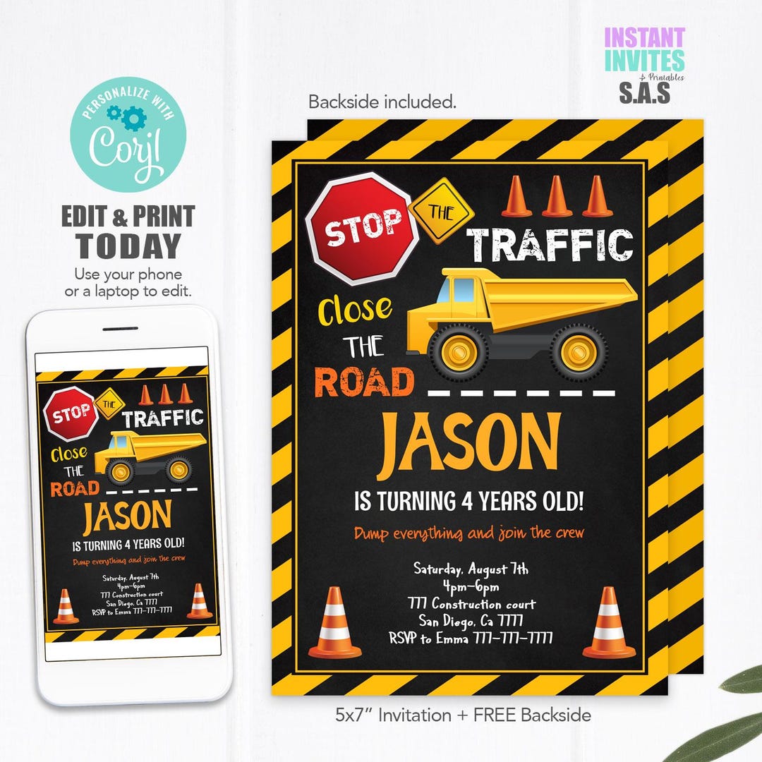 Construction Birthday Invitation: Black & Yellow, Editable (digital ...