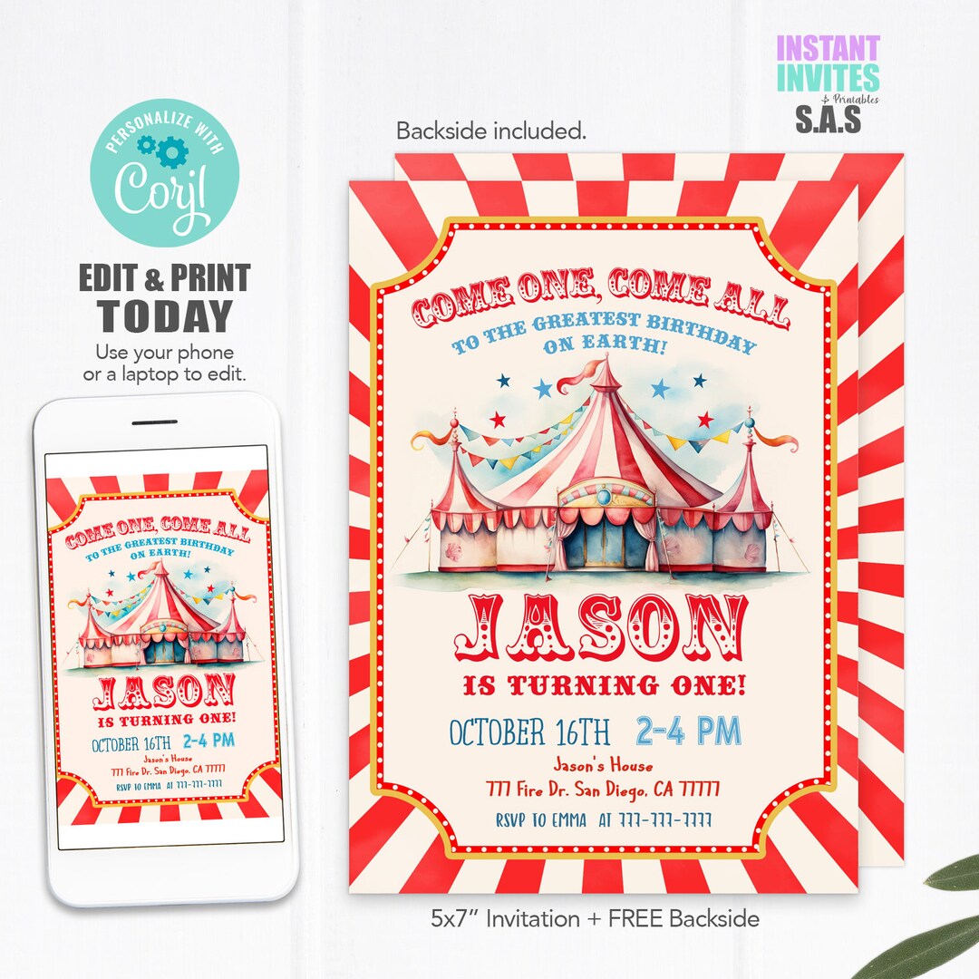 Circus Invitation, Circus Invites, Instant Download Circus Invitations ...