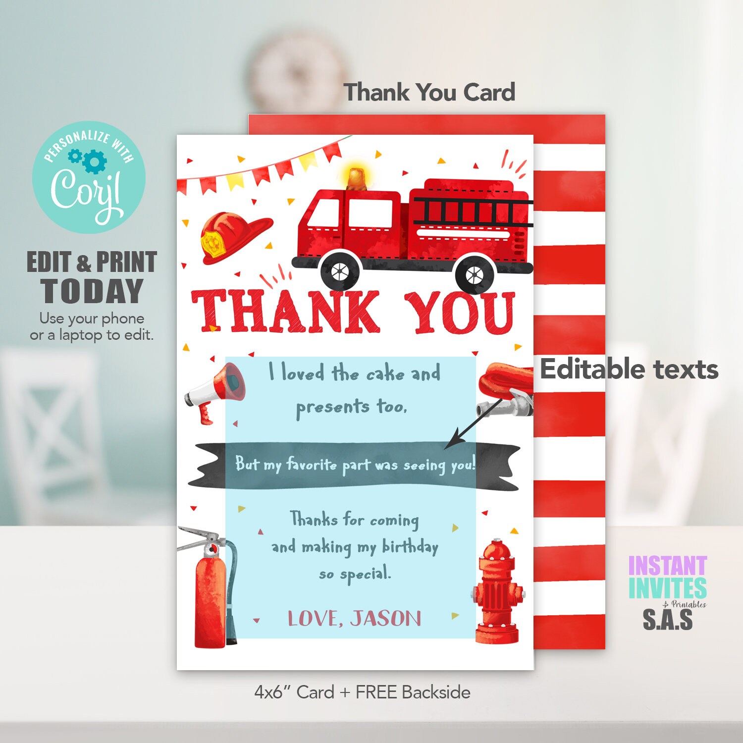 Fire Truck Thank You Card Fire Truck Cards Fire Truck Thank - Etsy
