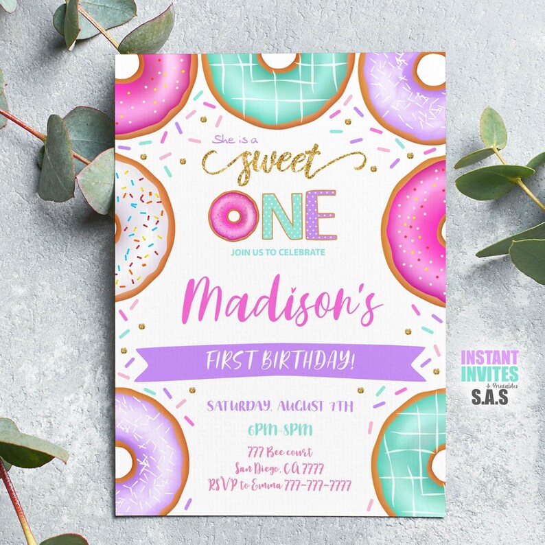 Donut 1st Birthday Invitation: Editable Party Invites (digital Download ...