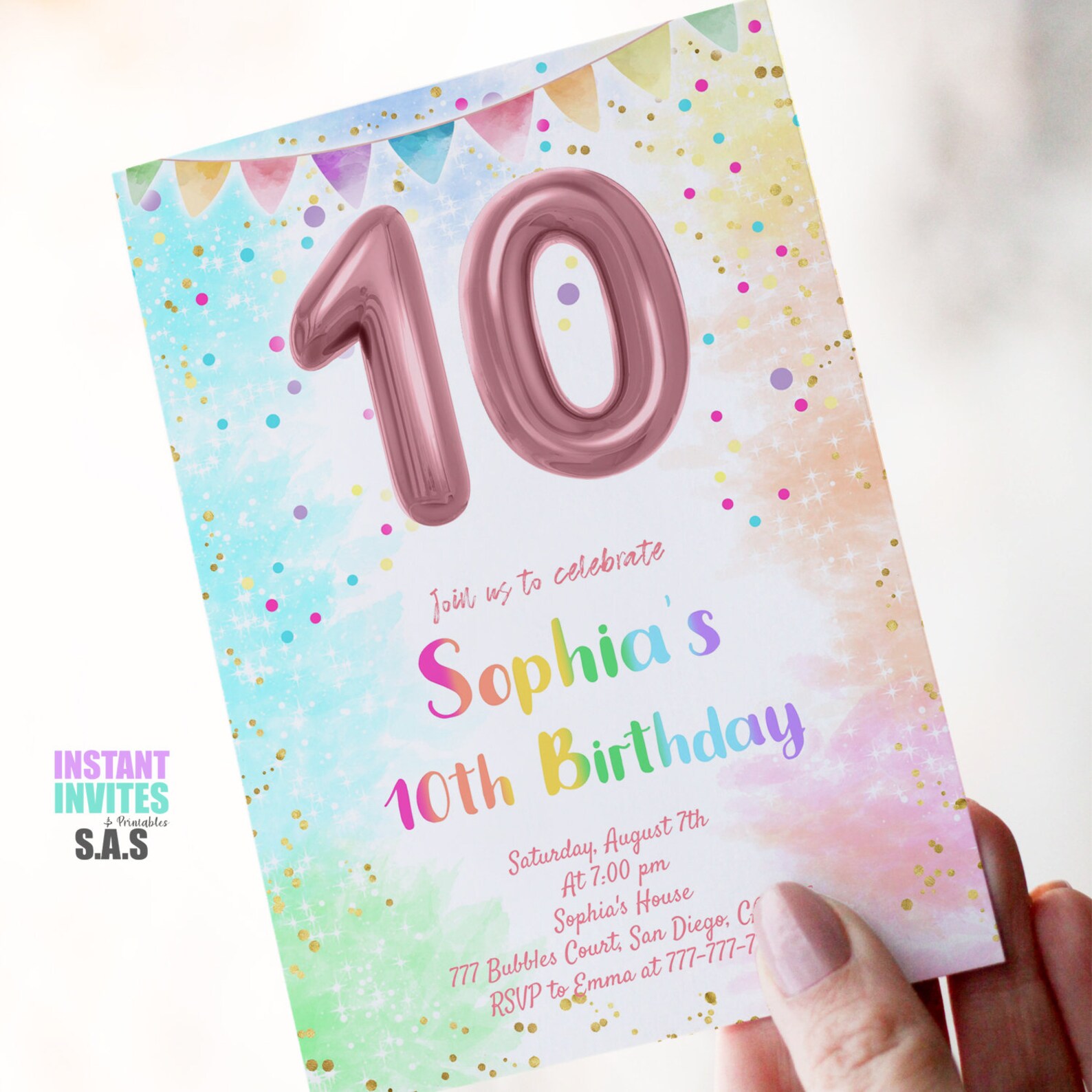 10th Birthday Invitation Balloons Birthday Invite Instant | Etsy