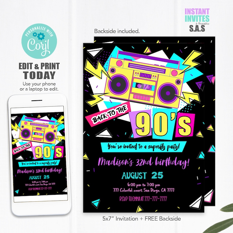 90s Invitation 90s Invites Instant Download 90s Invitations | Etsy