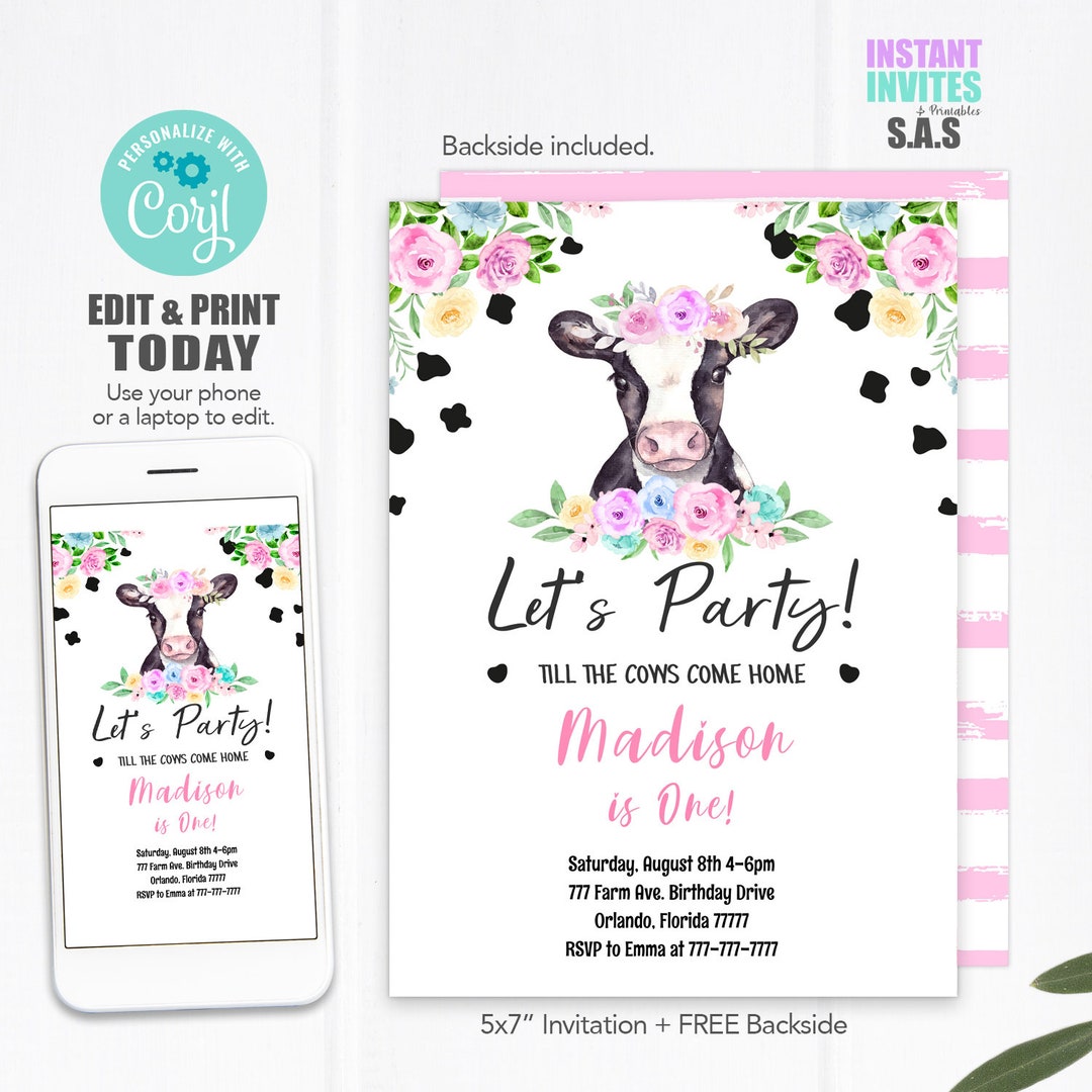 Cow Invitation, Cow Invites, Instant Download Cow Invitations, Cow715 ...