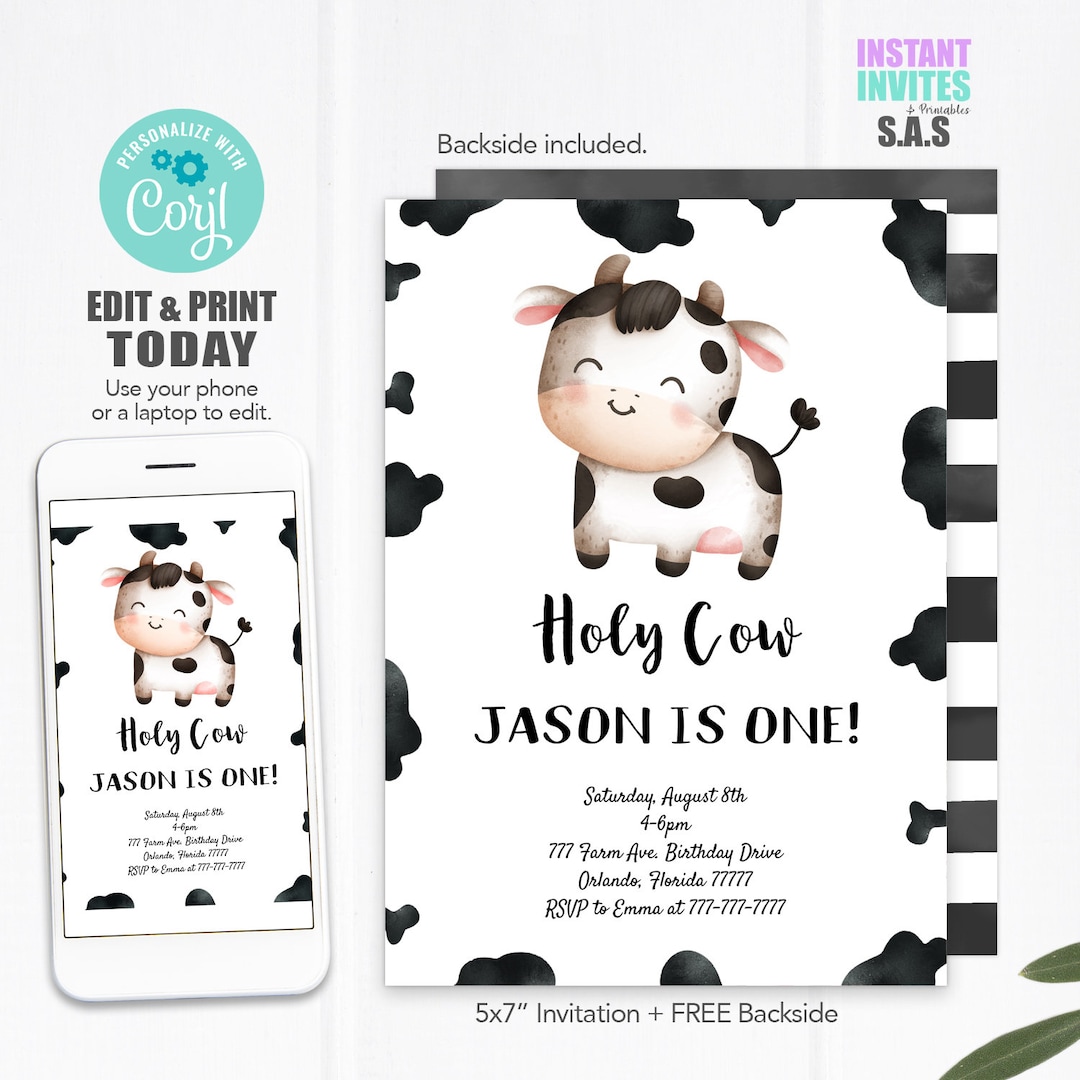 Cow Invitation, Cow Invites, Instant Download Cow Invitations, Cow713 ...