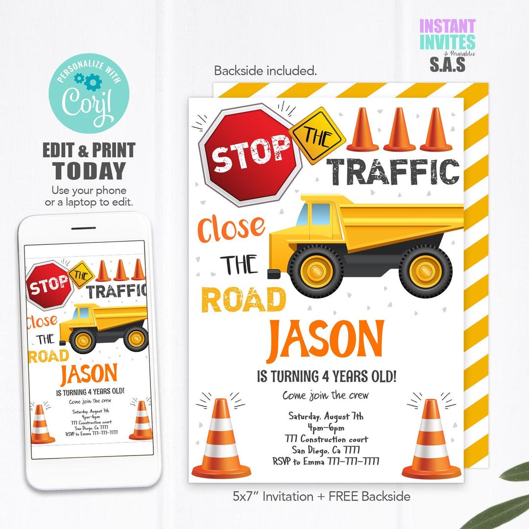 Construction Birthday Invitation: Stop the Traffic (instant Download ...