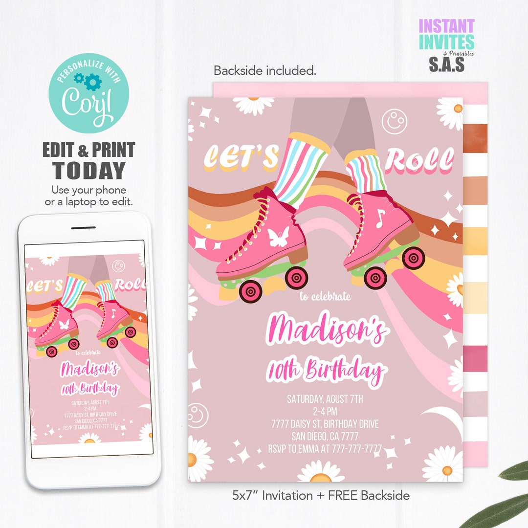 Rolling Skate Invitation, Let's Roll Invites, Instant Download Rolling ...