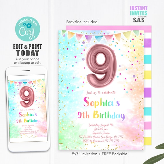 9th Birthday Invitation Balloons Birthday Invite Instant | Etsy