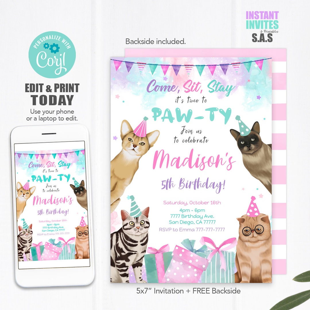 Kitten Birthday Invitation: Editable Cat Party Invite (instant Download ...